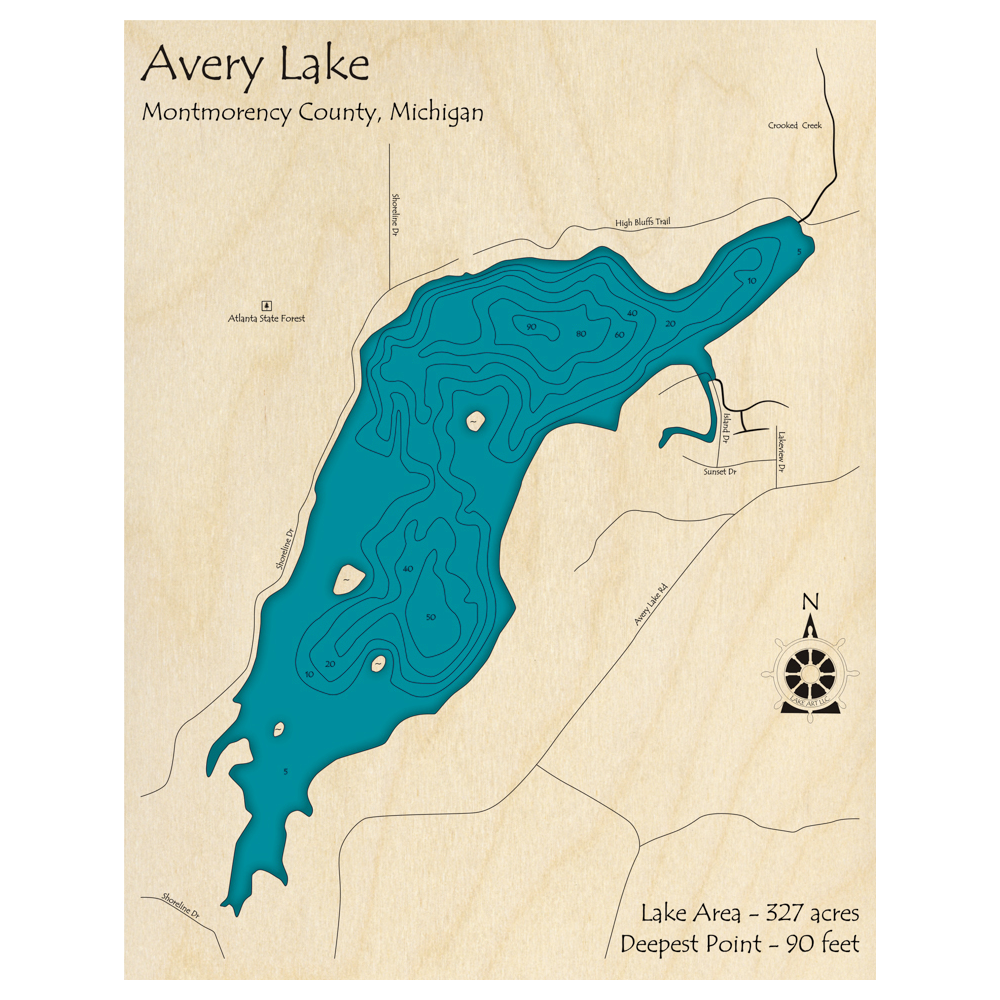 Avery Lake, Michigan 3D Custom Wood Map – Lake Art LLC