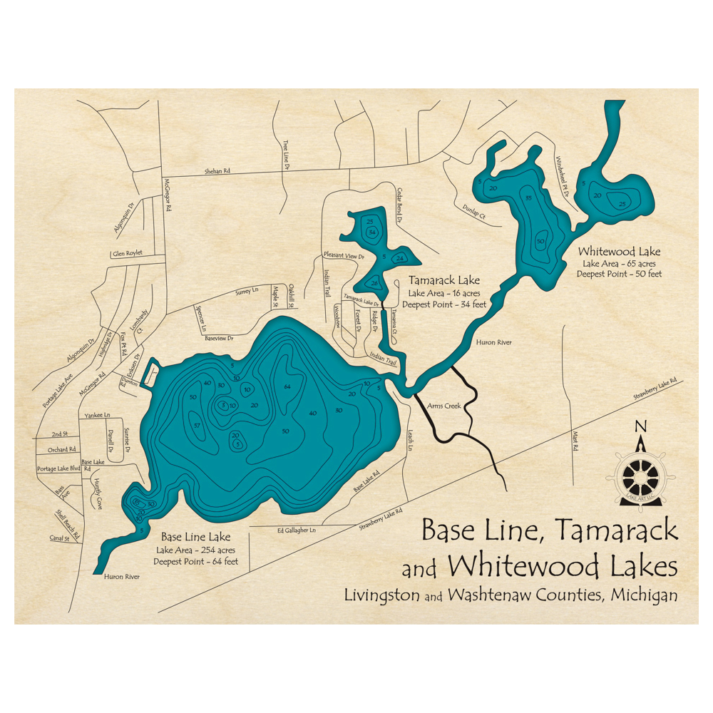 Base Line Lake, Michigan 3D Custom Wood Map – Lake Art LLC