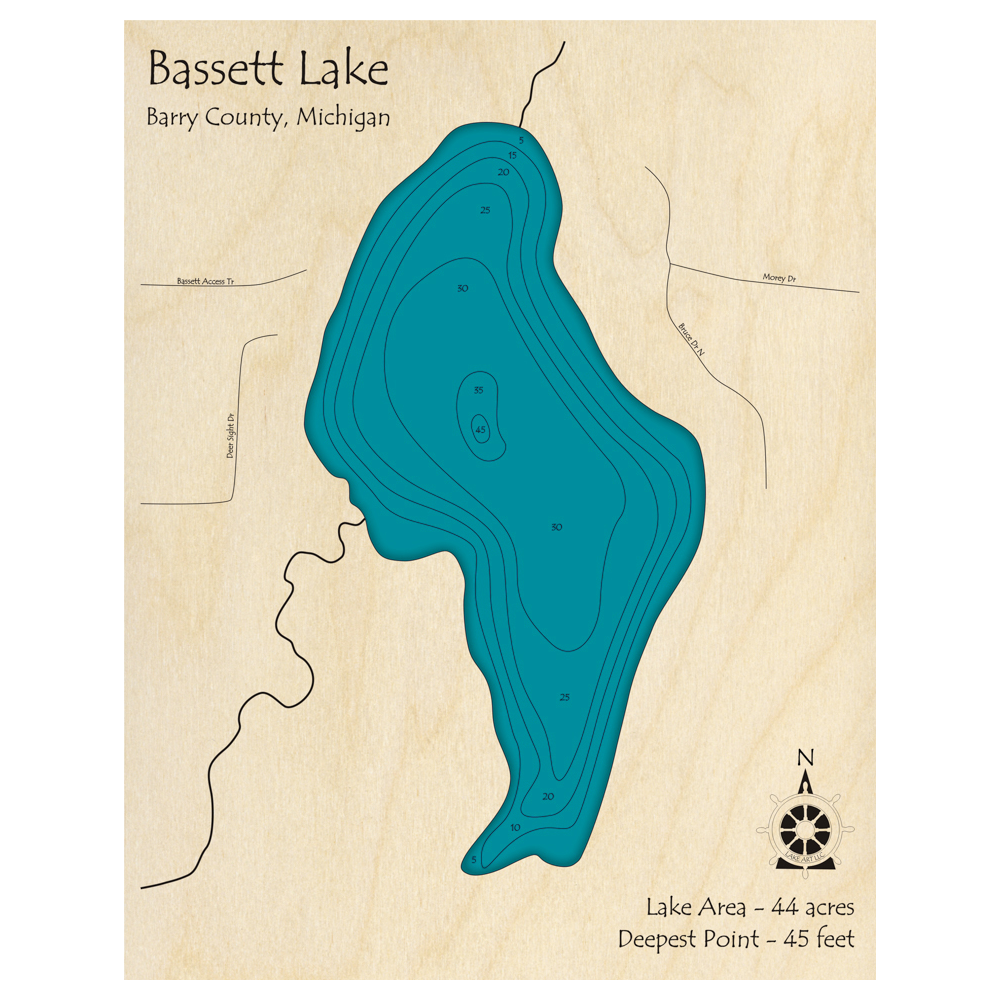 Bassett Lake, Michigan 3D Custom Wood Map – Lake Art LLC