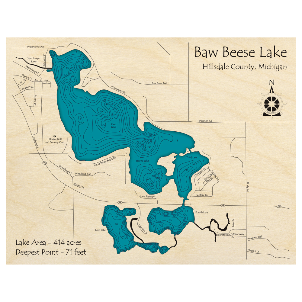 Baw Beese Lake, Michigan 3D Custom Wood Map – Lake Art LLC