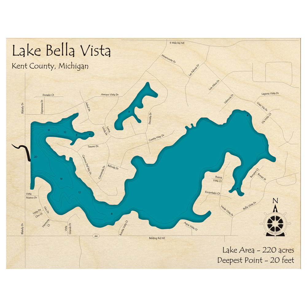 Lake Bella Vista, Michigan 3D Custom Wood Map – Lake Art LLC
