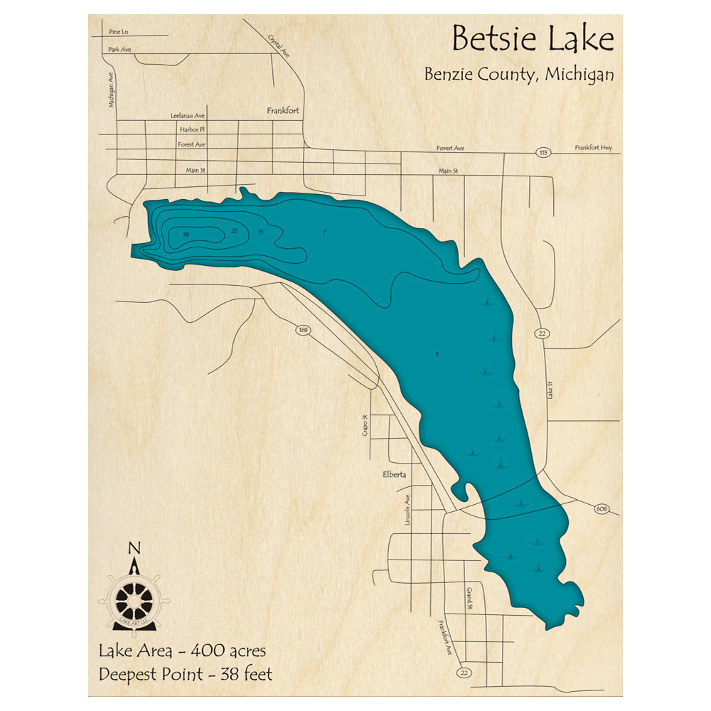 Betsie Lake, Michigan 3D Custom Wood Map – Lake Art LLC