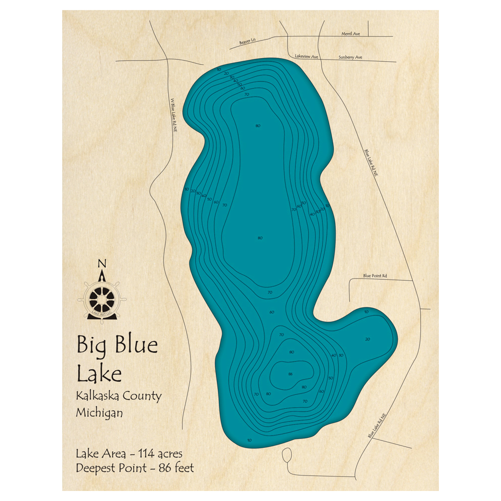 Big Blue Lake, Michigan 3D Custom Wood Map – Lake Art LLC
