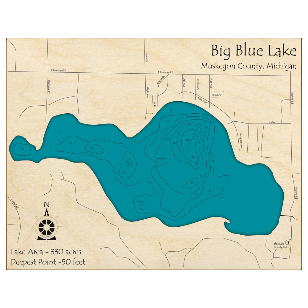 Big Blue Lake, Michigan 3D Custom Wood Map – Lake Art LLC