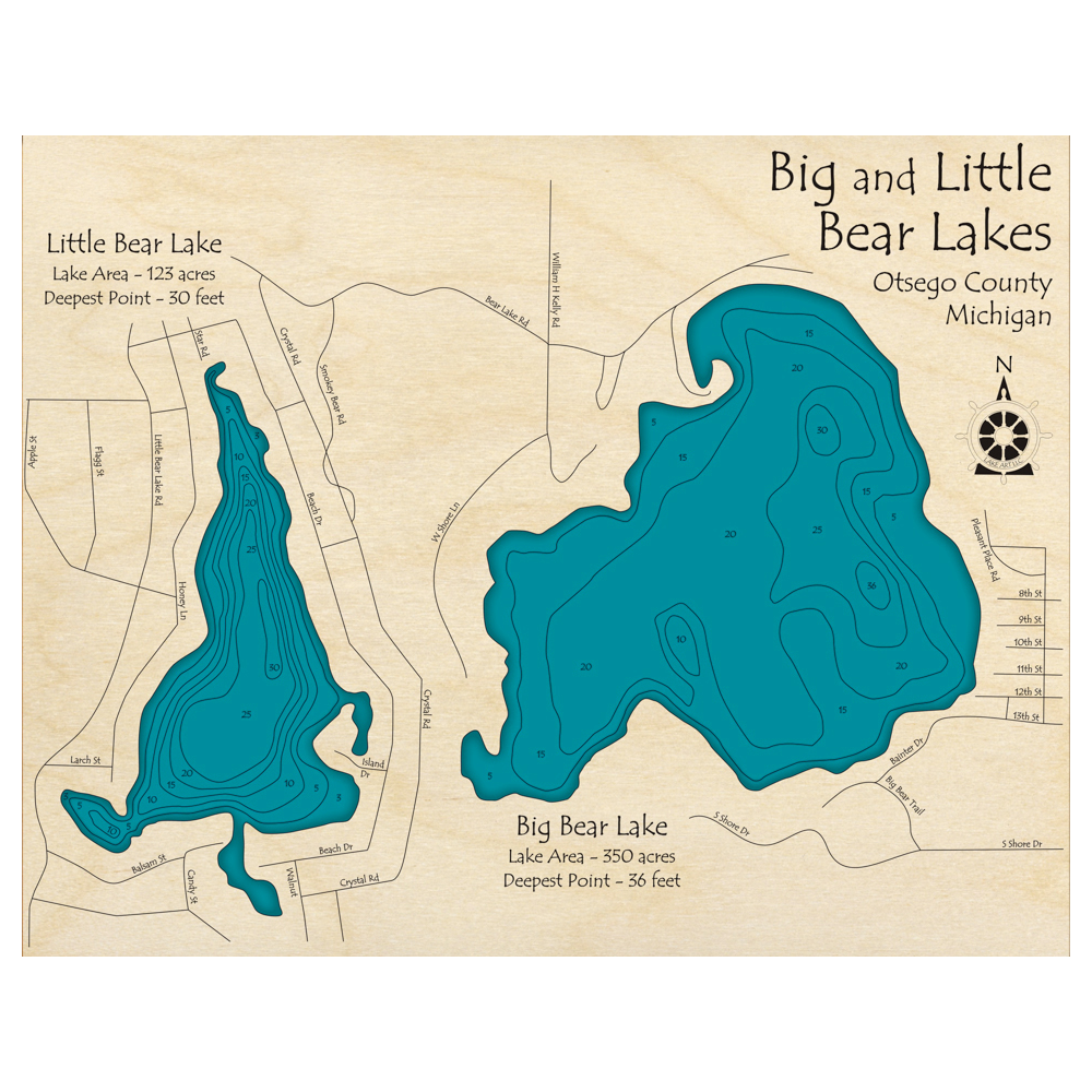 Big and Little Bear Lakes, Michigan 3D Custom Wood Map – Lake Art LLC
