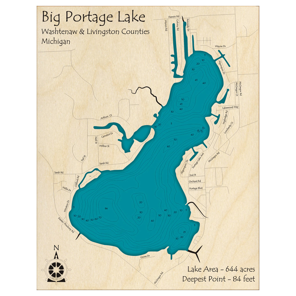 Big Portage Lake, Michigan 3D Custom Wood Map – Lake Art LLC