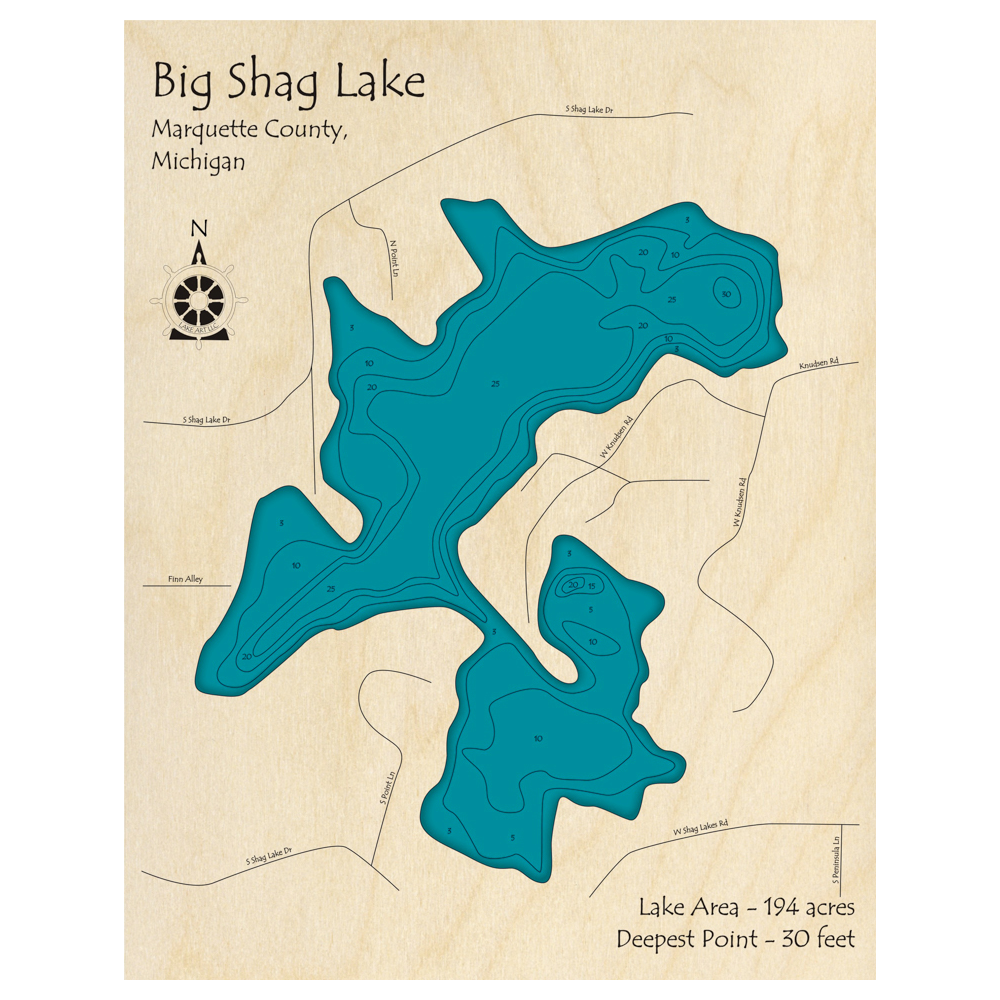 Big Shag Lake, Michigan 3D Custom Wood Map – Lake Art LLC