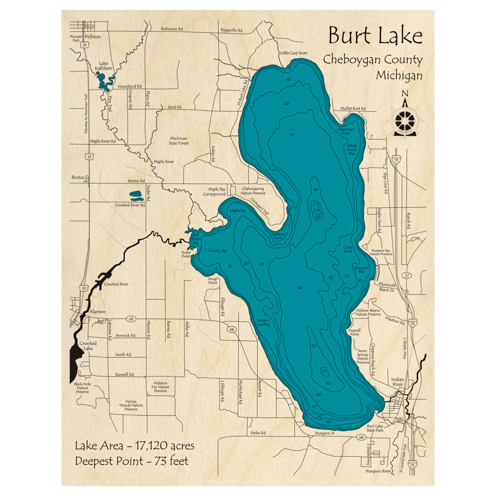 Burt Lake, Michigan 3D Custom Wood Map – Lake Art LLC