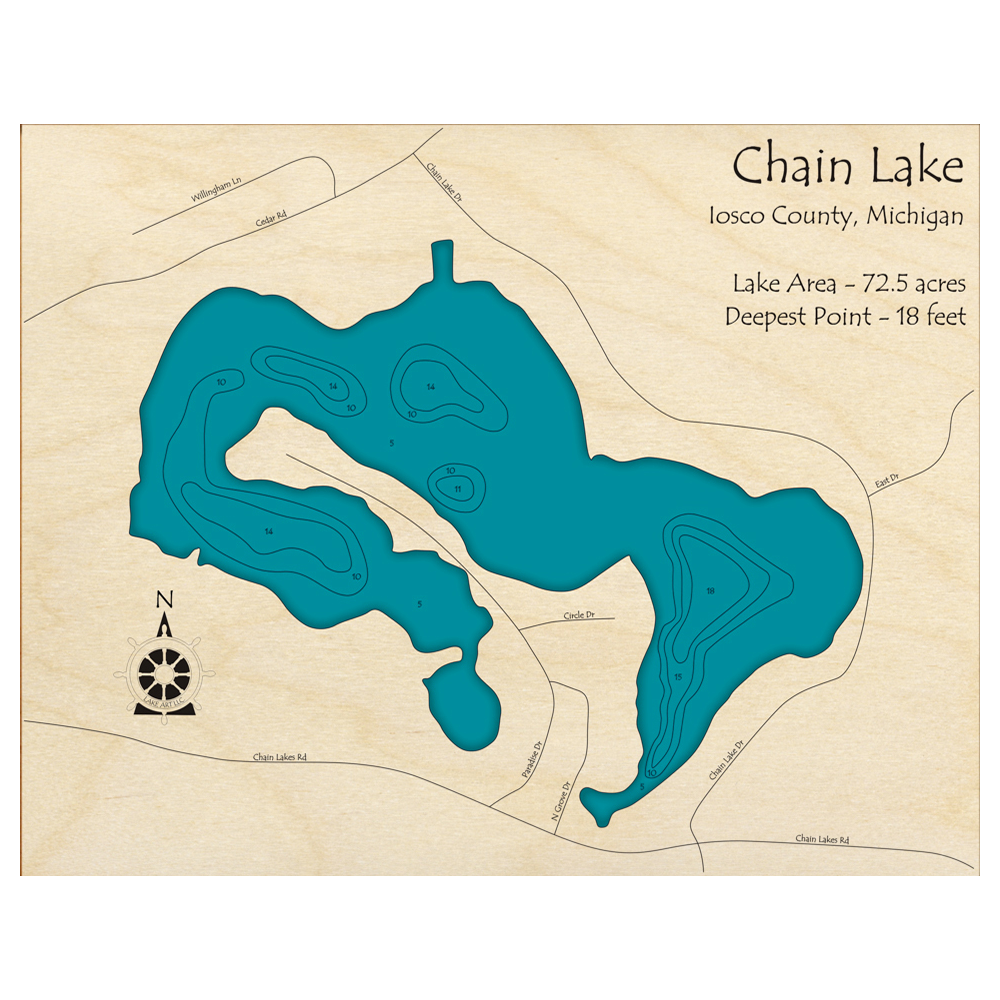 Chain Lake, Michigan 3D Custom Wood Map – Lake Art LLC