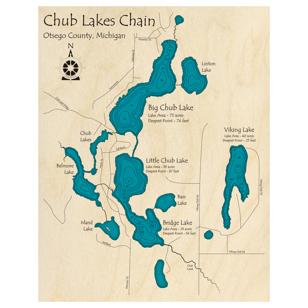 Chub Lakes Chain, Michigan 3D Custom Wood Map – Lake Art LLC