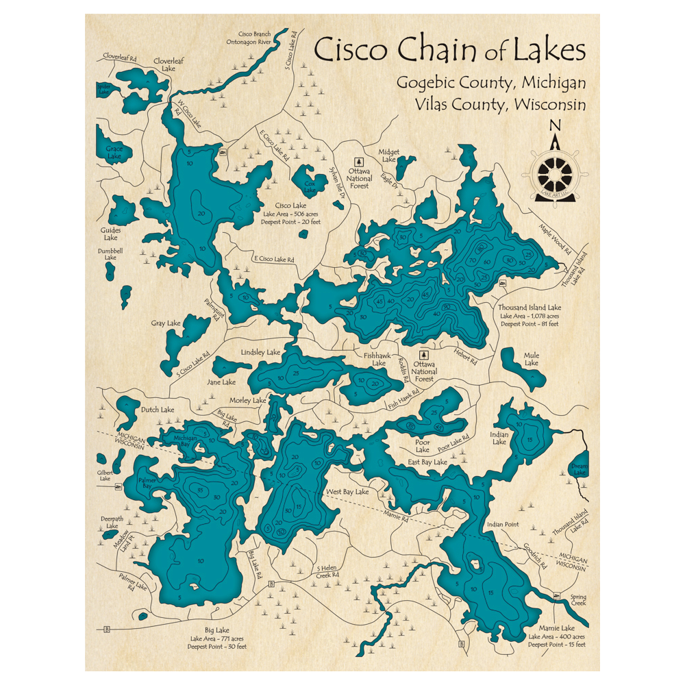 Cisco Lakes Chain (MI, WI) 3D Custom Wood Map – Lake Art LLC