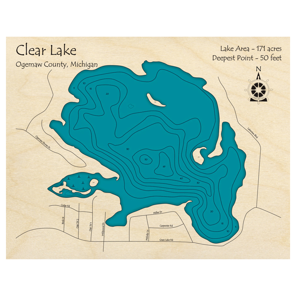 Clear Lake, Michigan 3D Custom Wood Map – Lake Art LLC