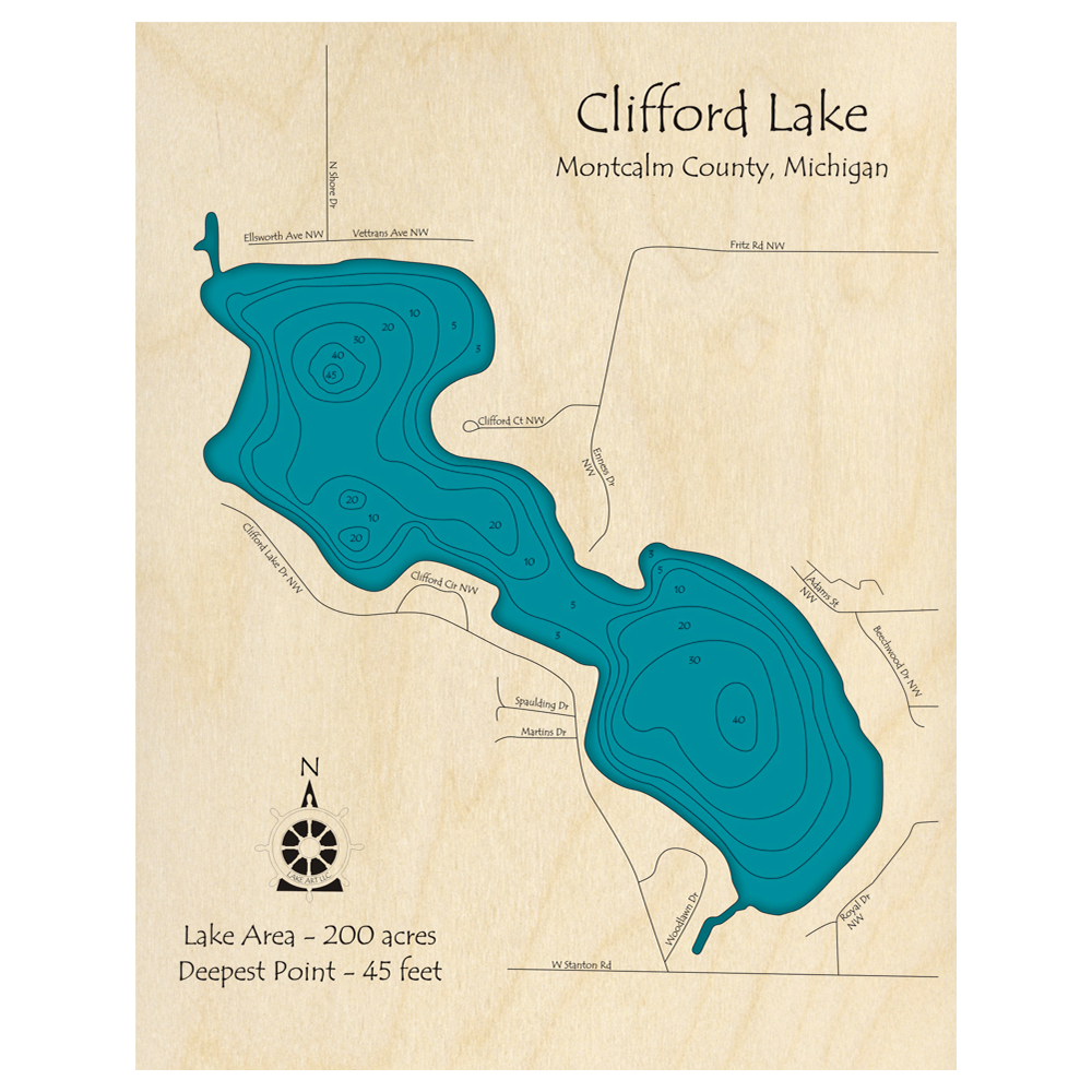 Clifford Lake, Michigan 3D Custom Wood Map – Lake Art LLC