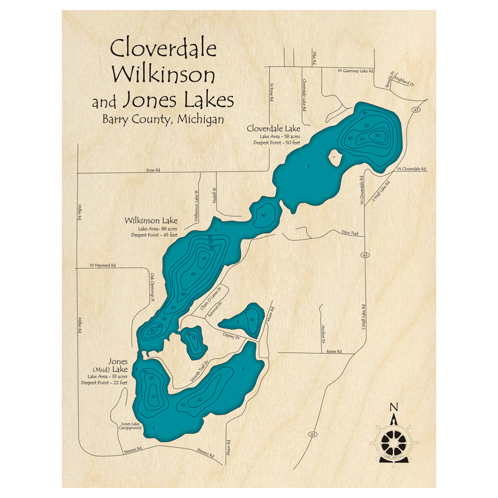 Cloverdale Lake, Michigan 3D Custom Wood Map – Lake Art LLC