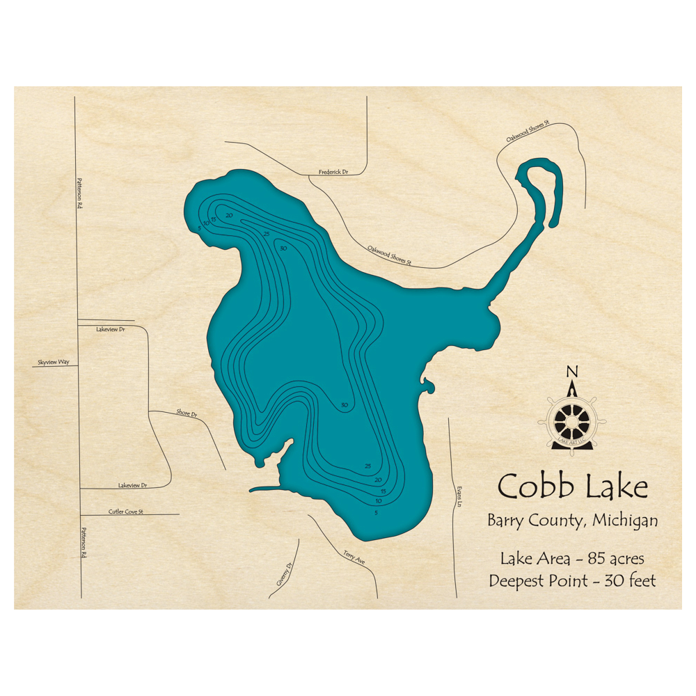 Cobb Lake, Michigan 3D Custom Wood Map – Lake Art LLC