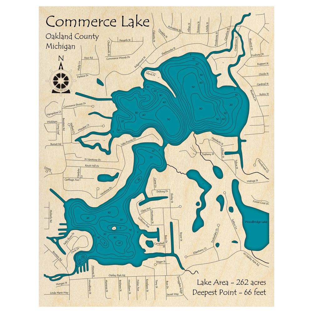Commerce Lake, Michigan 3D Custom Wood Map – Lake Art LLC