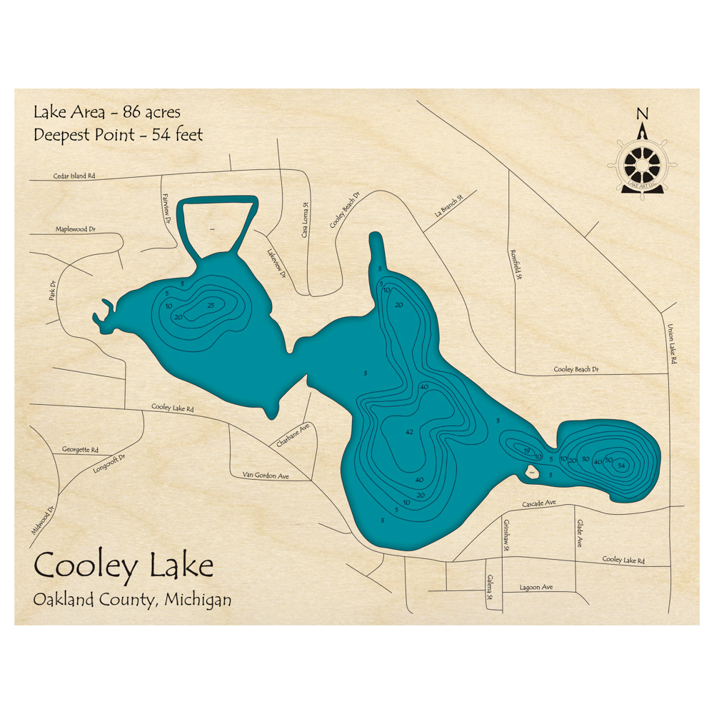 Cooley Lake, Michigan 3D Custom Wood Map – Lake Art LLC