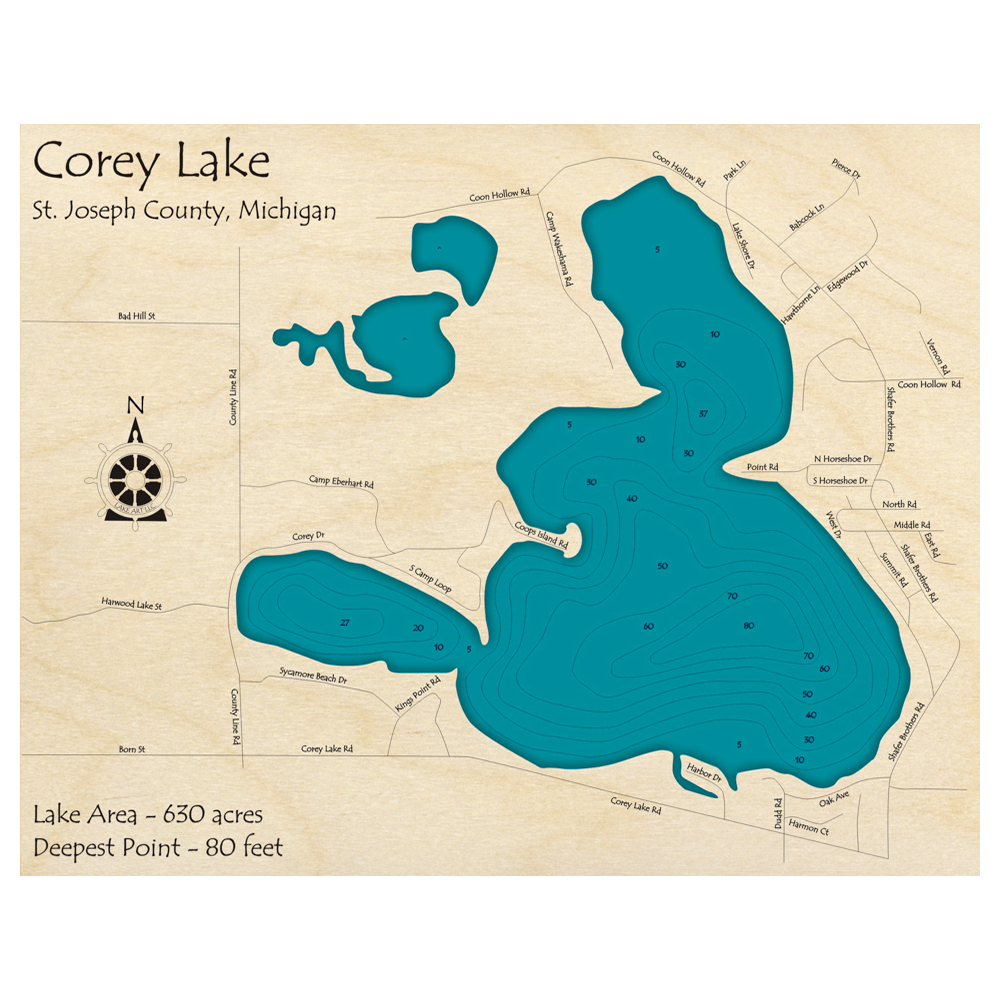 Corey Lake, Michigan 3D Custom Wood Map – Lake Art LLC