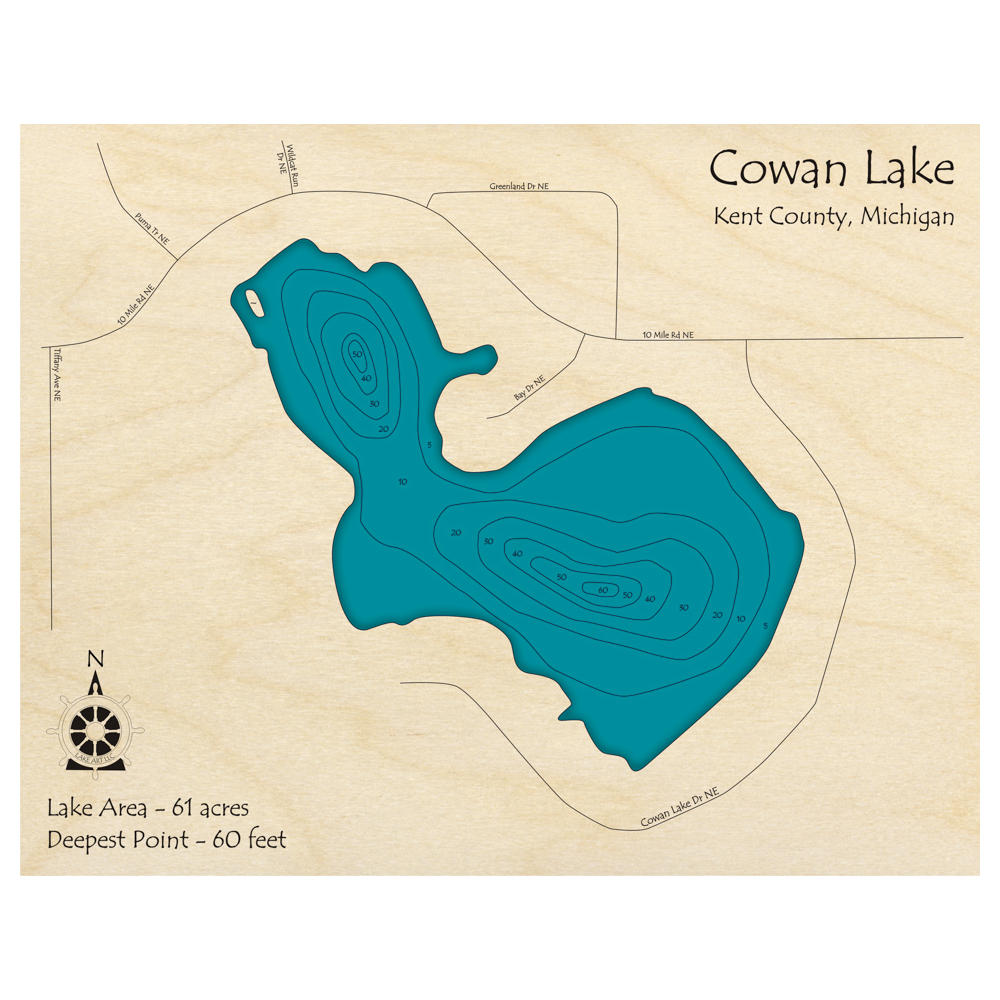 Cowan Lake, Michigan 3D Custom Wood Map – Lake Art LLC