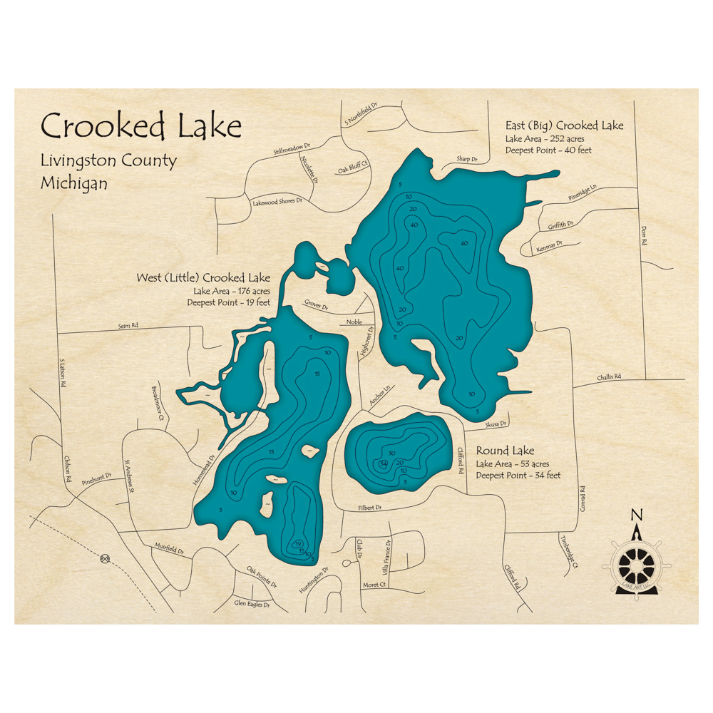 Crooked Lake, Michigan 3D Custom Wood Map – Lake Art LLC
