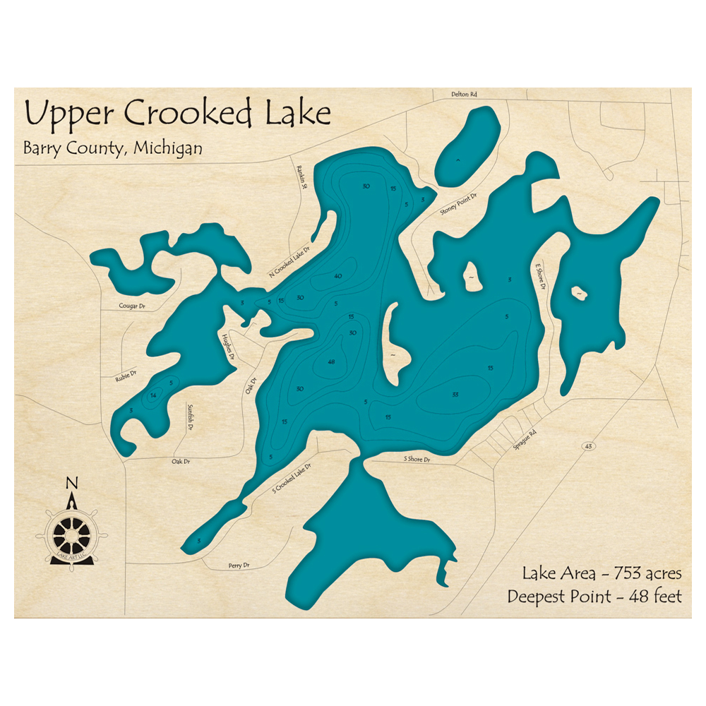 Crooked Lake, Michigan 3D Custom Wood Map – Lake Art LLC