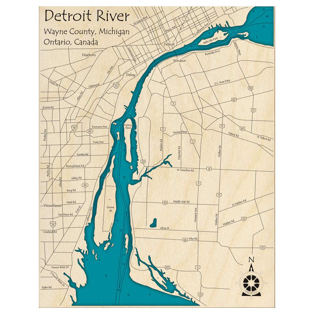 Detroit River, Michigan 3D Custom Wood Map – Lake Art LLC