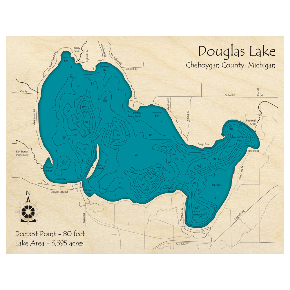 Douglas Lake, Michigan 3D Custom Wood Map – Lake Art LLC