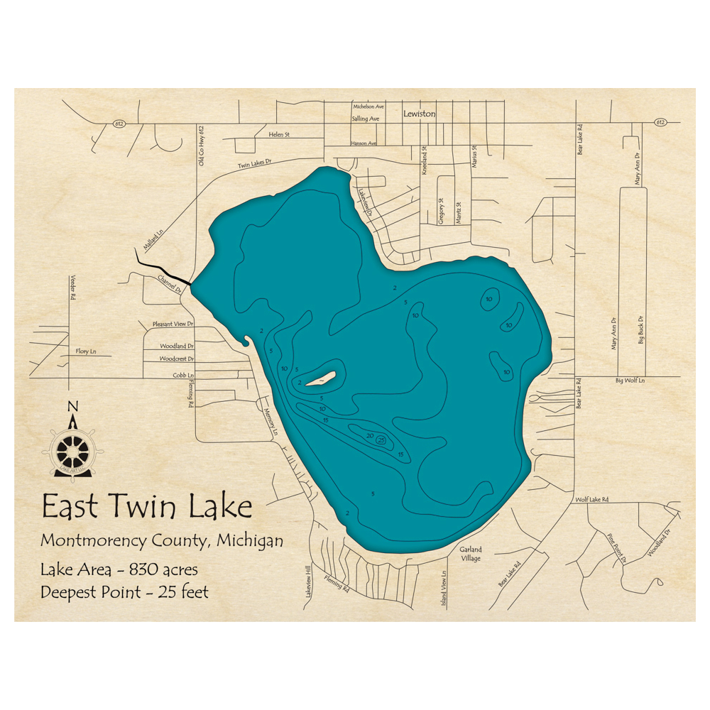 East Twin Lake, Michigan 3D Custom Wood Map – Lake Art LLC