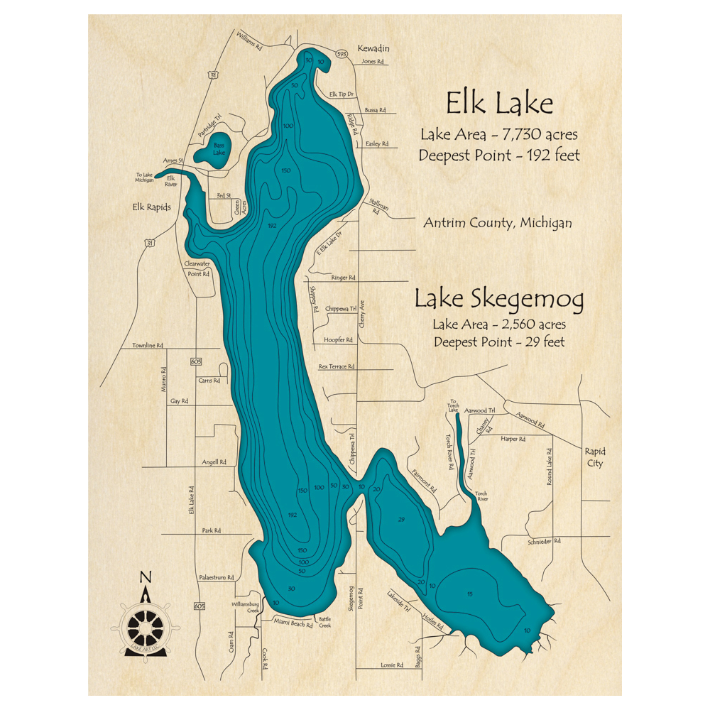 Elk Lake, Michigan 3D Custom Wood Map – Lake Art LLC