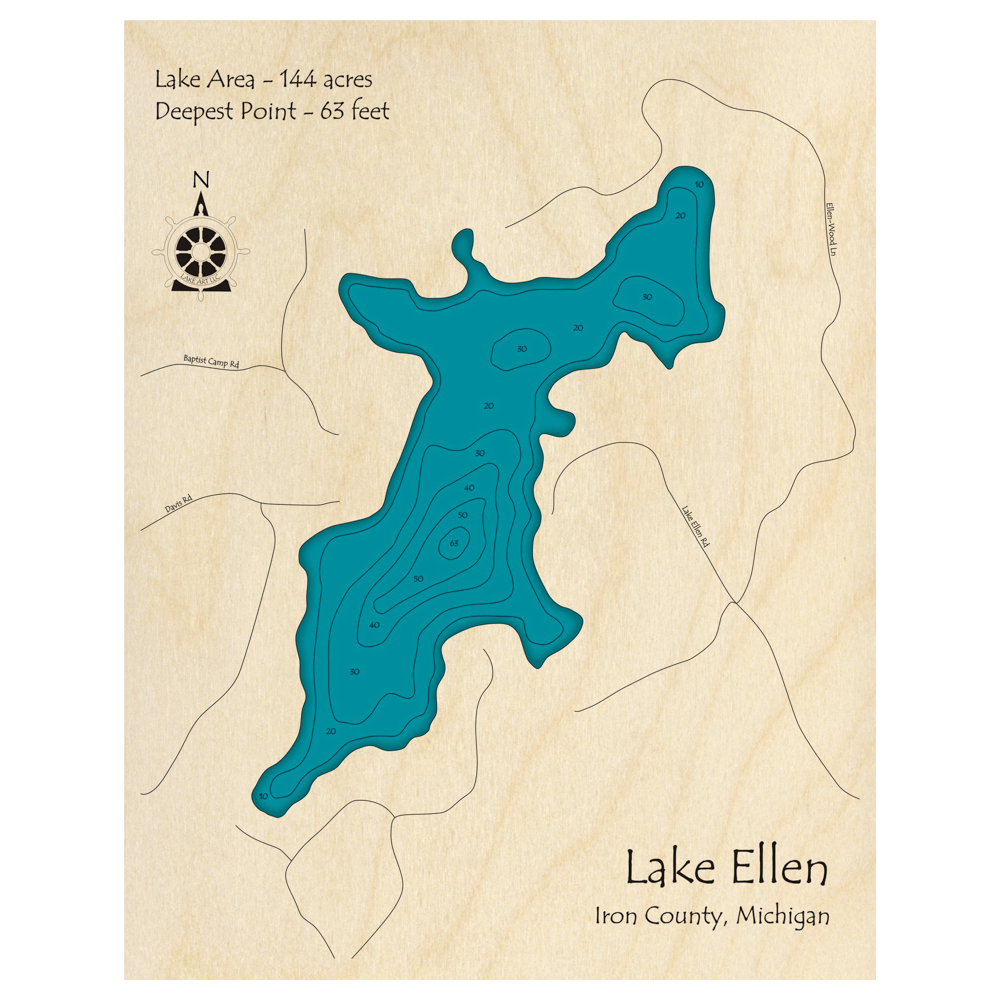 Lake Ellen, Michigan 3D Custom Wood Map – Lake Art LLC