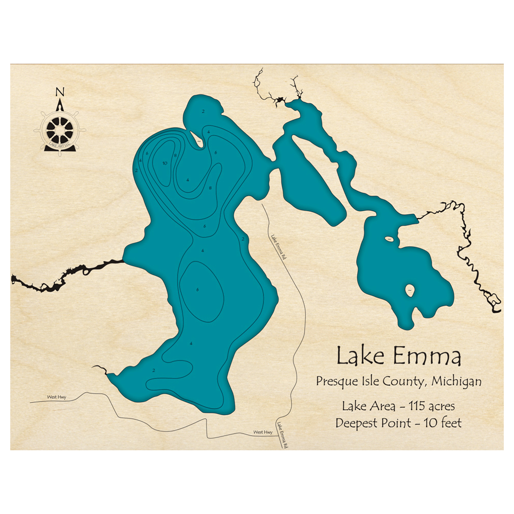 Lake Emma, Michigan 3D Custom Wood Map – Lake Art LLC