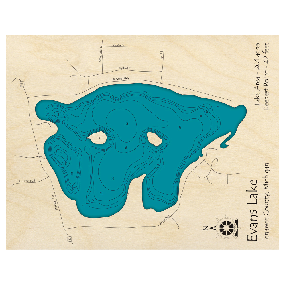 Evans Lake, Michigan 3D Custom Wood Map – Lake Art LLC