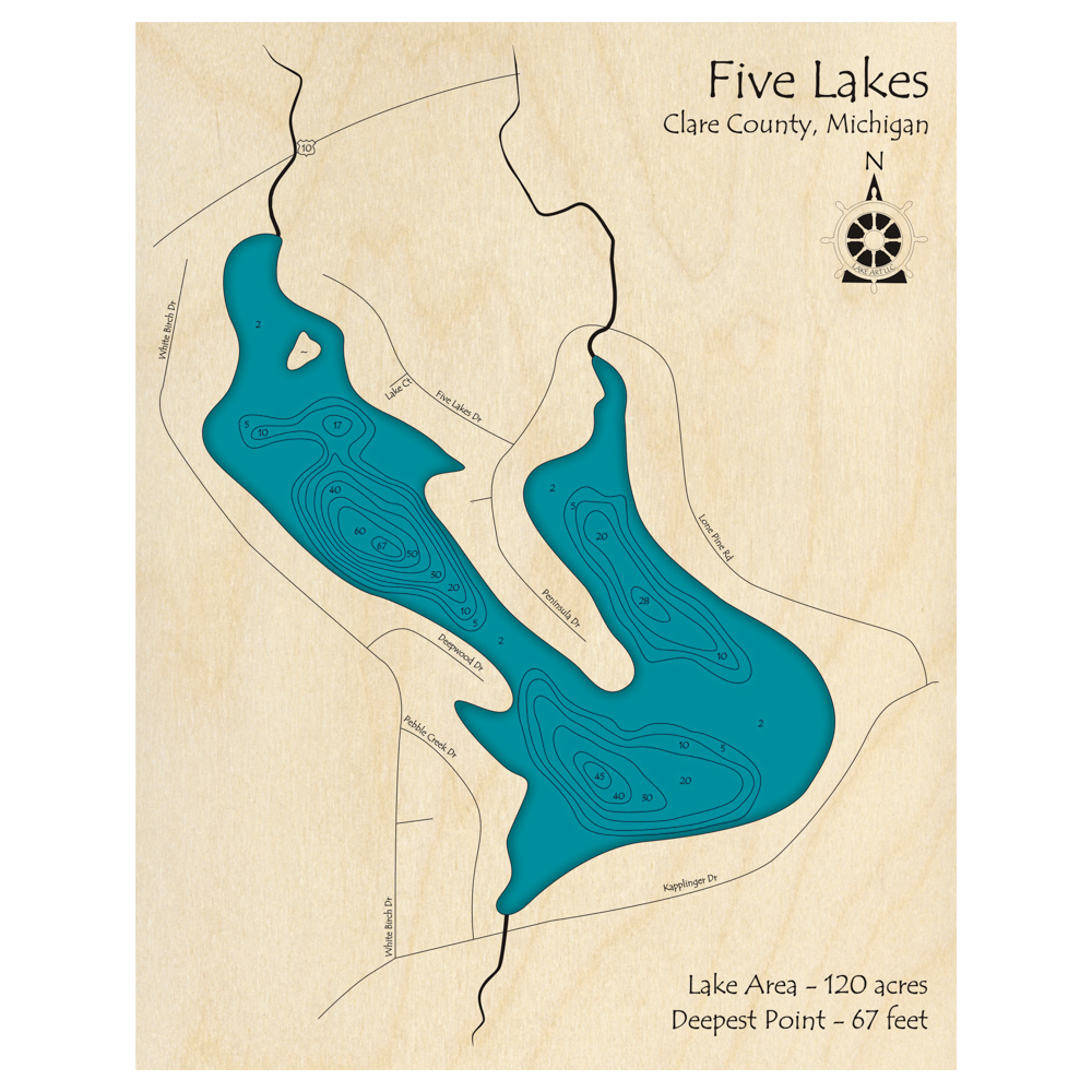 Five Lakes, Michigan 3D Custom Wood Map – Lake Art LLC