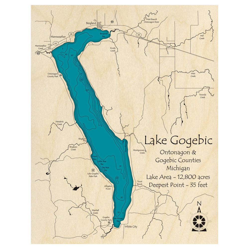 Lake Gogebic, Michigan 3D Custom Wood Map – Lake Art LLC