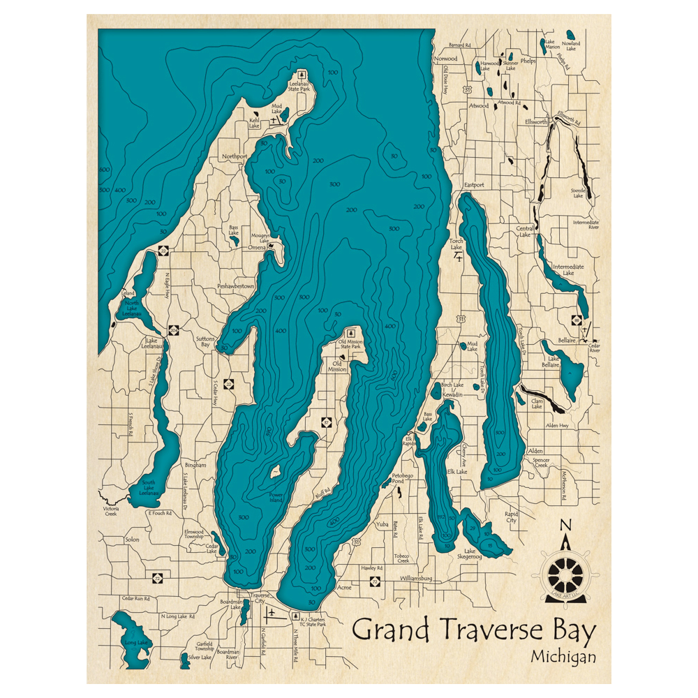 Grand Traverse Bay, Michigan 3D Custom Wood Map – Lake Art LLC