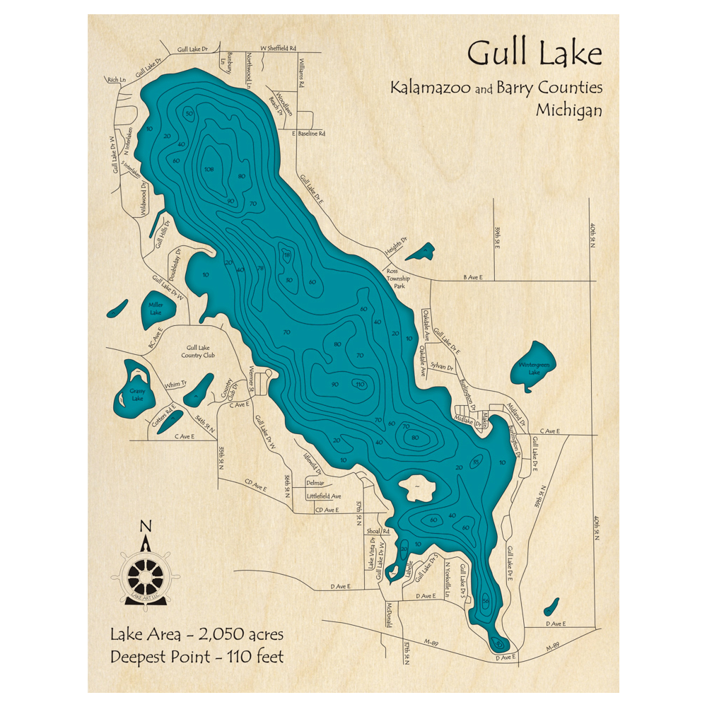 Gull Lake, Michigan 3D Custom Wood Map – Lake Art LLC