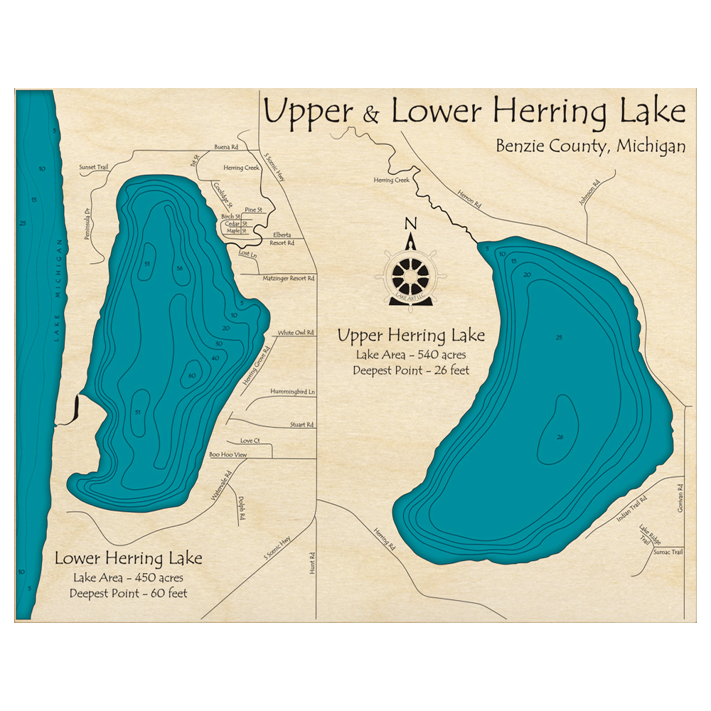 Herring Lake, Michigan 3D Custom Wood Map – Lake Art LLC