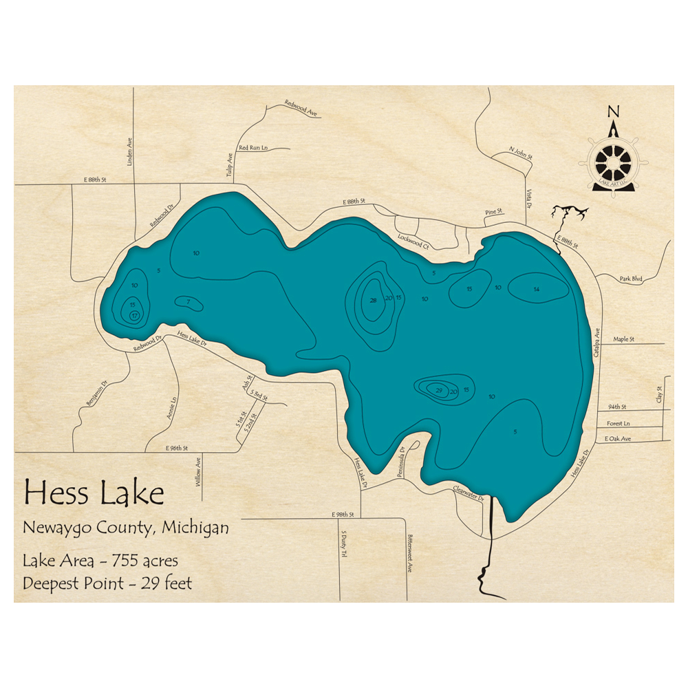 Hess Lake, Michigan 3D Custom Wood Map – Lake Art LLC