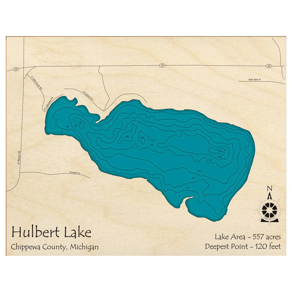 Hulbert Lake, Michigan 3D Custom Wood Map – Lake Art LLC