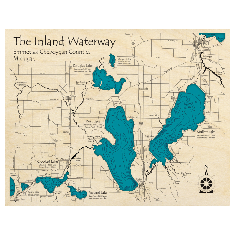 Inland Waterway, Michigan 3D Custom Wood Map – Lake Art LLC