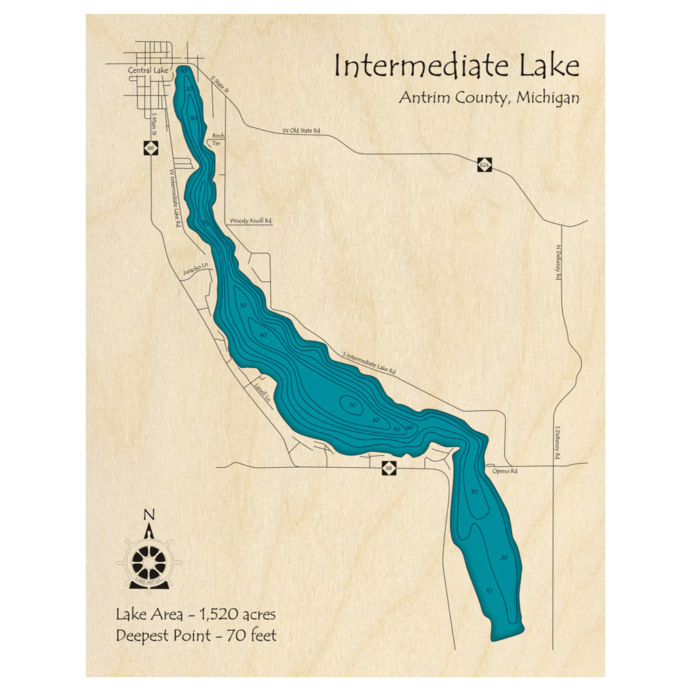 Intermediate Lake, Michigan 3D Custom Wood Map – Lake Art LLC
