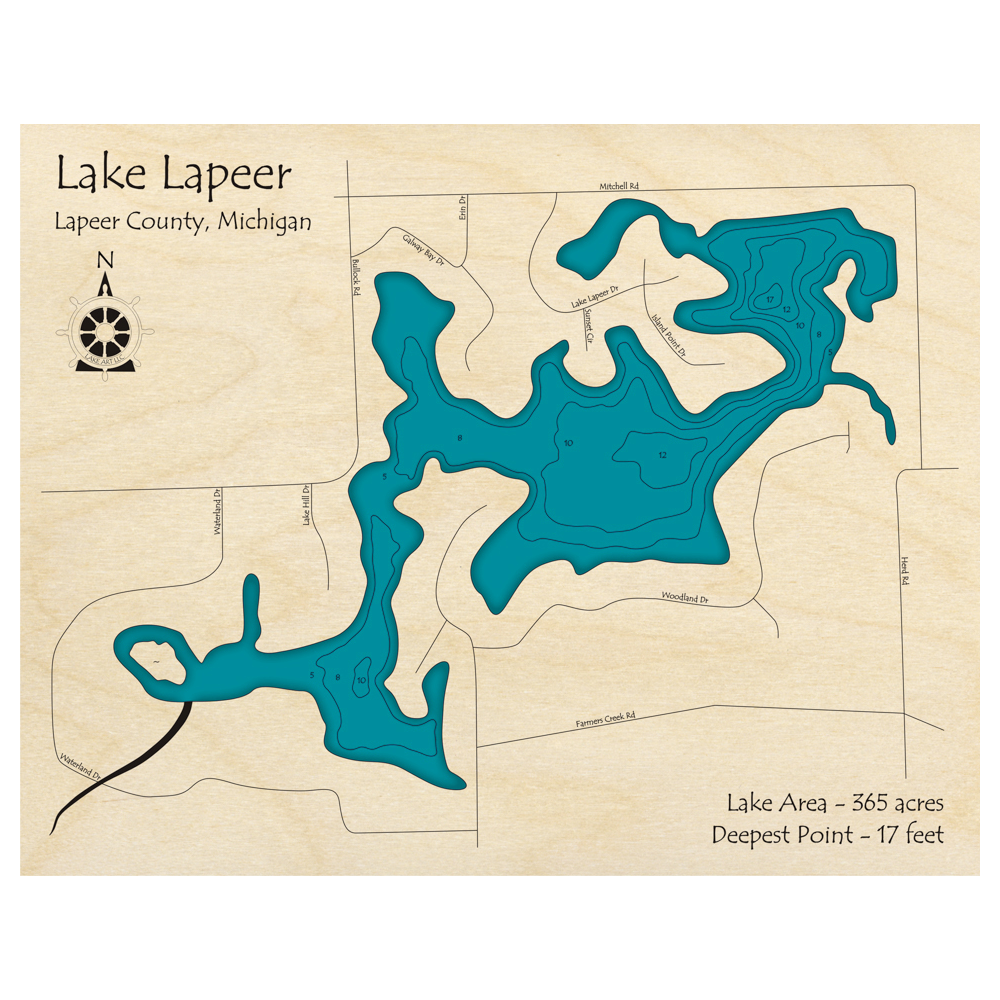 Lake Lapeer, Michigan 3D Custom Wood Map – Lake Art LLC