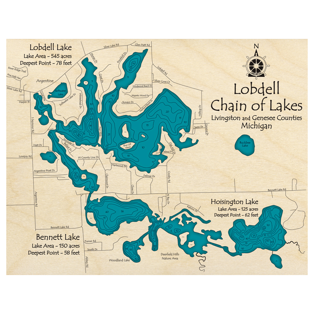Lobdell Chain of Lakes, Michigan 3D Custom Wood Map – Lake Art LLC