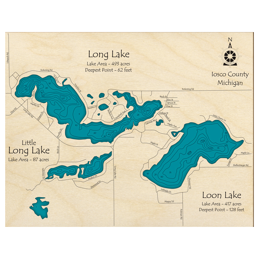 Long Lake, Michigan 3D Custom Wood Map – Lake Art LLC
