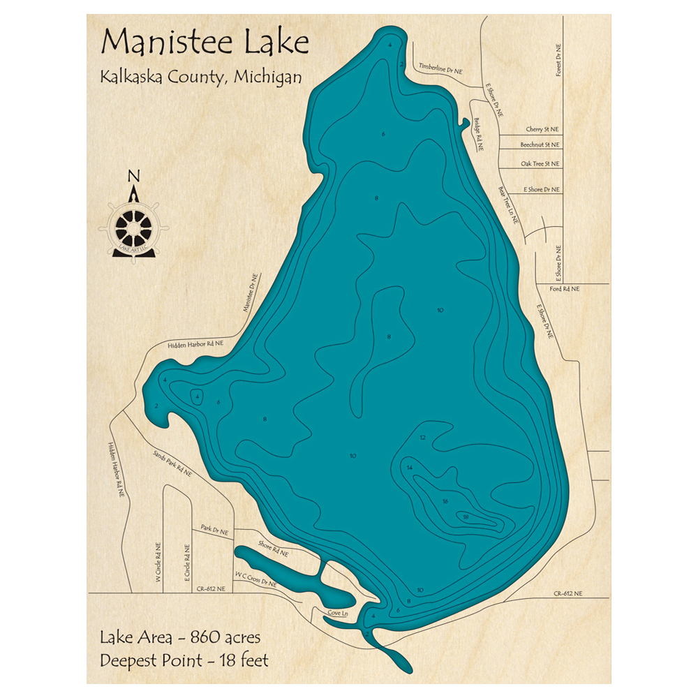 Manistee Lake, Michigan 3D Custom Wood Map – Lake Art LLC