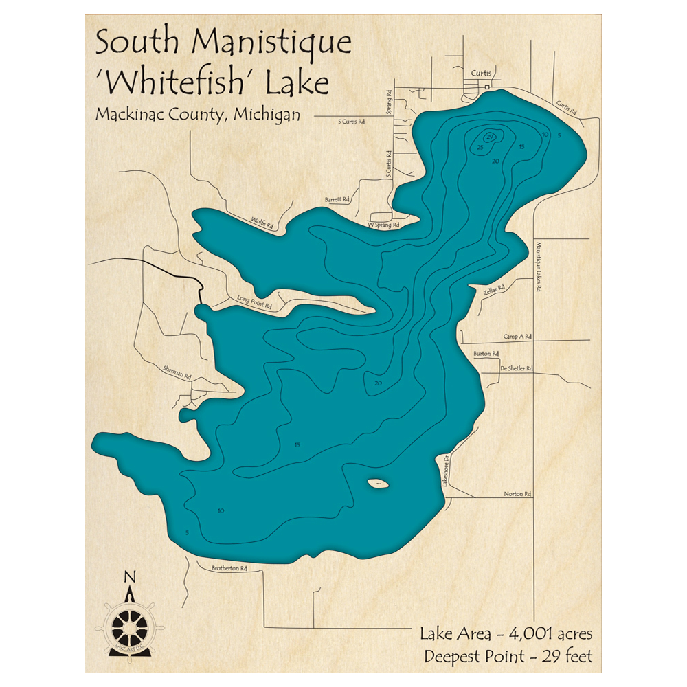Manistique Lake, Michigan 3D Custom Wood Map – Lake Art LLC