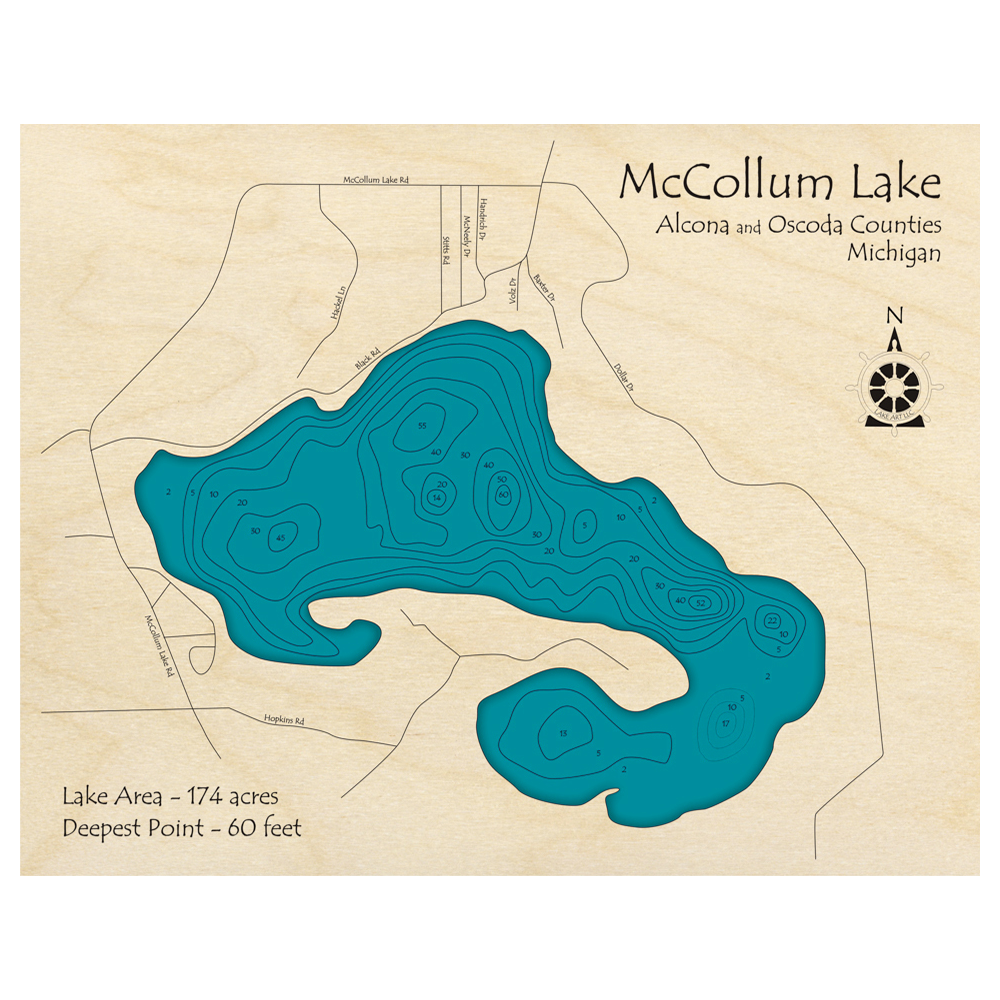 McCollum Lake, Michigan 3D Custom Wood Map – Lake Art LLC