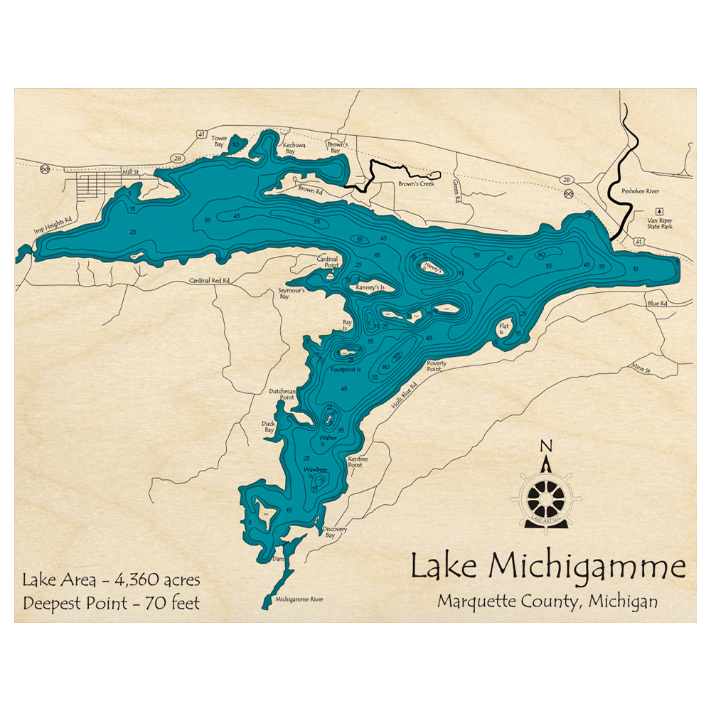 Lake Michigamme, Michigan 3D Custom Wood Map – Lake Art LLC