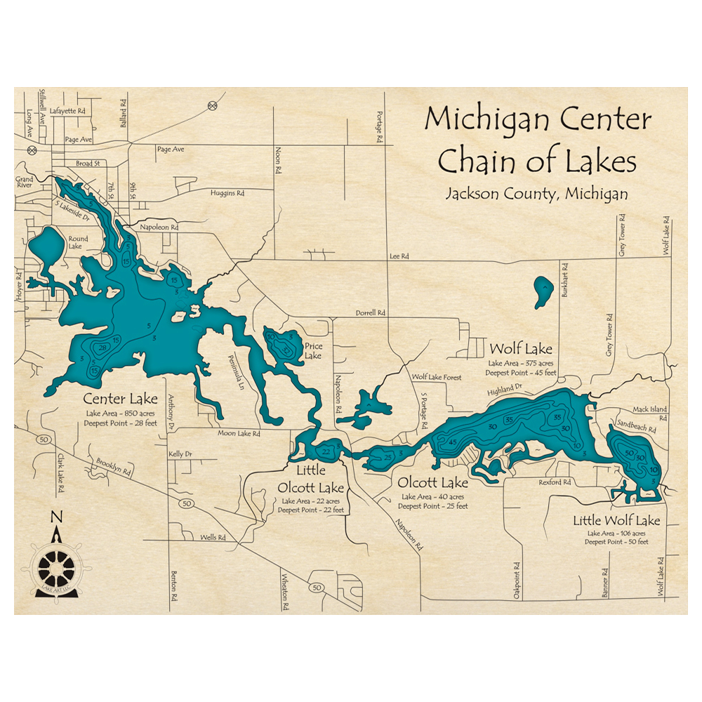 Michigan Center Chain, Michigan 3D Custom Wood Map – Lake Art LLC