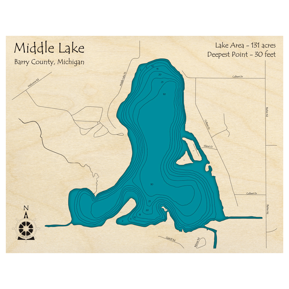 Middle Lake, Michigan 3D Custom Wood Map – Lake Art LLC